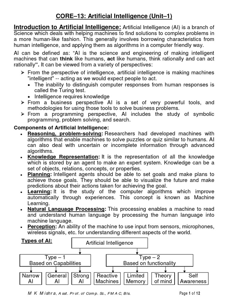 CC 13 Unit 1 | PDF | Artificial Intelligence | Intelligence (AI) & Semantics