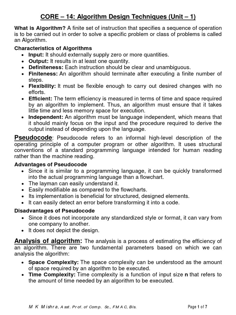 CORE - 14: Algorithm Design Techniques (Unit - 1) | PDF