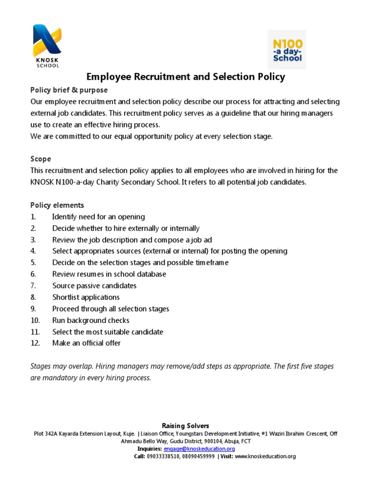 Employee Recruitment and Selection Policy | PDF