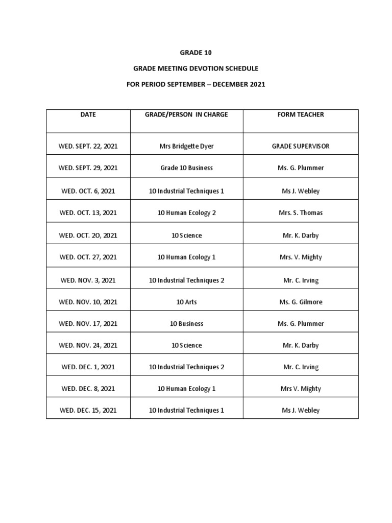 Grade 10 Devotion Schedule | PDF