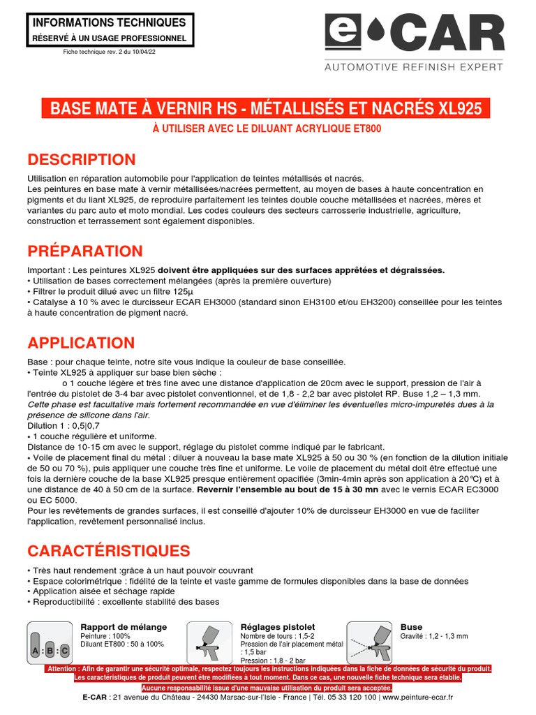 Fiche technique peinture XL925 | PDF | Peinture | Sciences physiques
