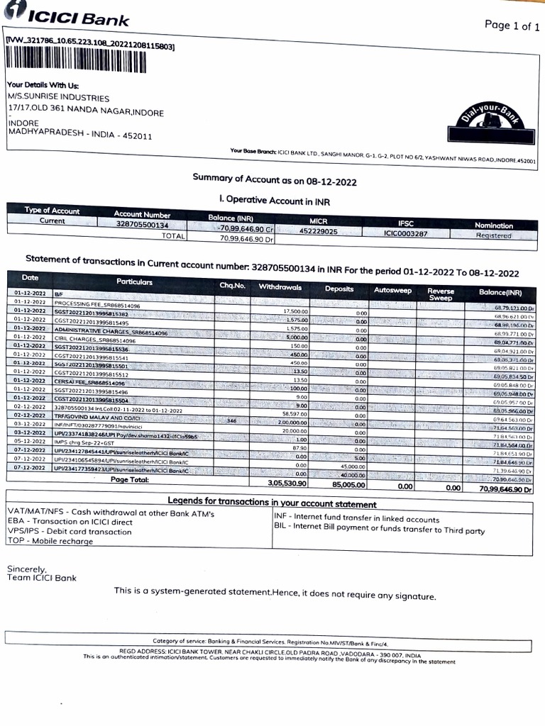 M/S.Sunrise Industries: L.Operative Account in INR Type of Account ...