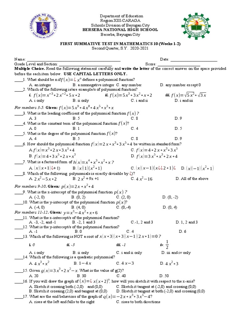 Math 10 - Sum - Q2 - W1-2 | PDF | Function (Mathematics) | Mathematics