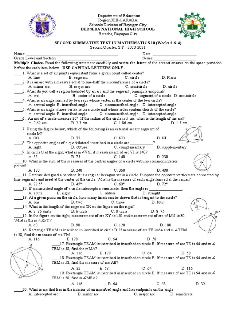 Math 10 - Sum - Q2 - W3-4 | PDF | Circle | Angle