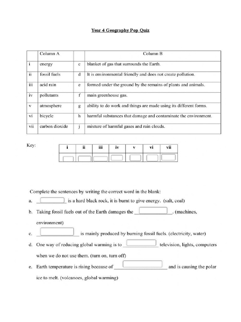 Year 4 Geography Pop Quiz Oil & Environment | PDF