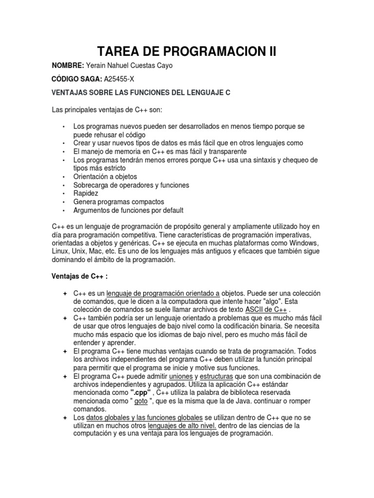 3B - Yerain Nahuel Cuestas Cayo - Tarea de Programacion Ii | PDF | C ++ | Lenguaje de programación