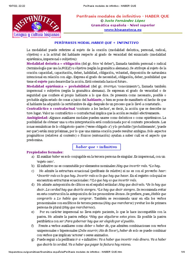 Perífrasis Modales de Infinitivo - HABER QUE | PDF | Verbo | Asunto ...
