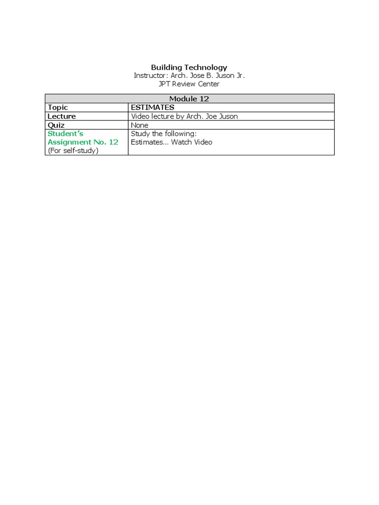 Instructor: Arch. Jose B. Juson Jr. JPT Review Center: Building ...