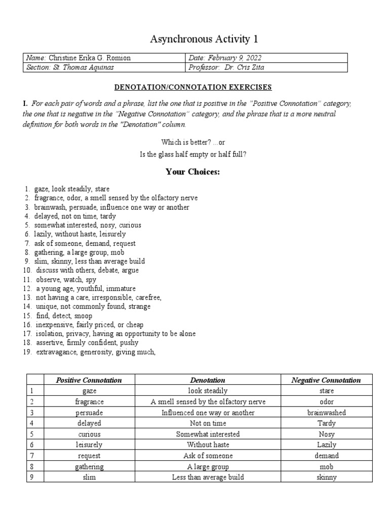 Asynchronous Activity 1 - Connotation and Denotation | PDF | Part Of ...