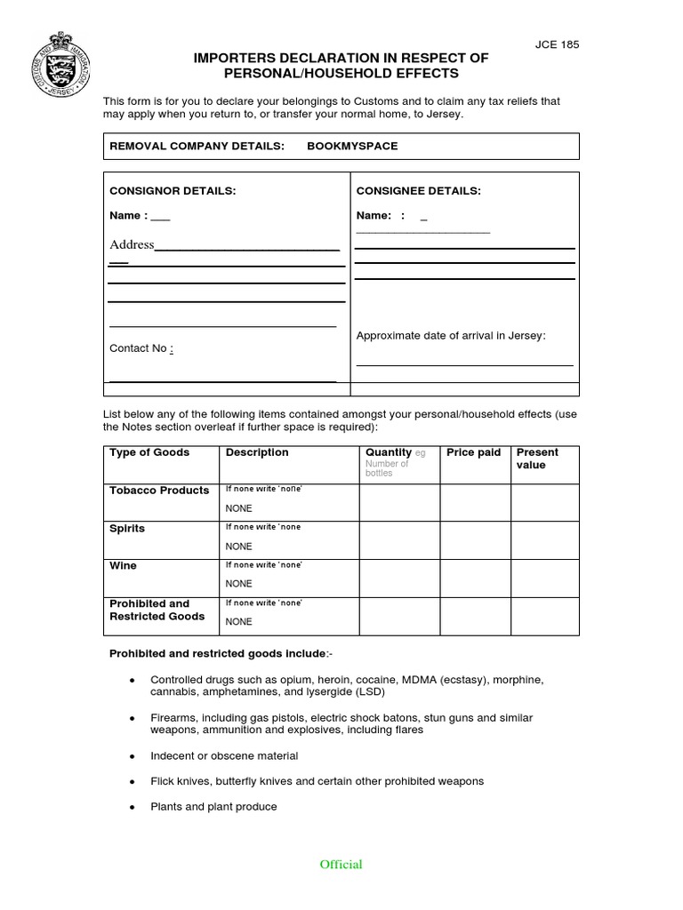 Jce 185 Form PDF | PDF | Prohibition Of Drugs | Customs