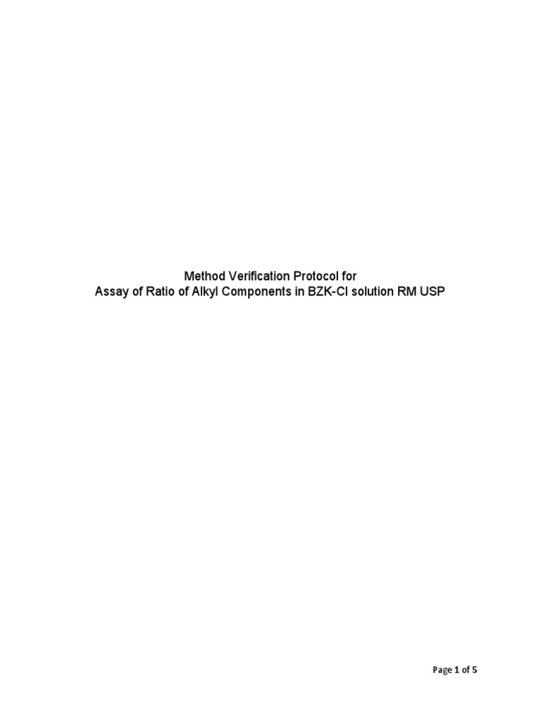 Method Verification Protocol For USP Method For Assay of Ratio of Alkyl Components in BZK-CL ...