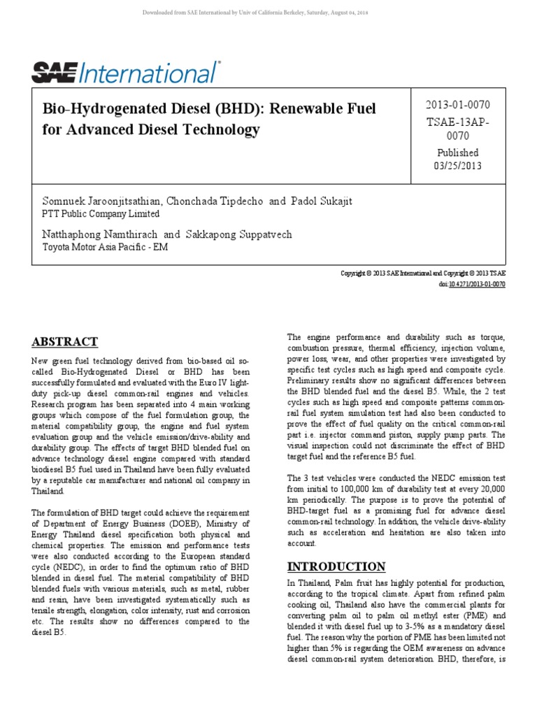 Bio-Hydrogenated Diesel (BHD) : Renewable Fuel For Advanced Diesel ...