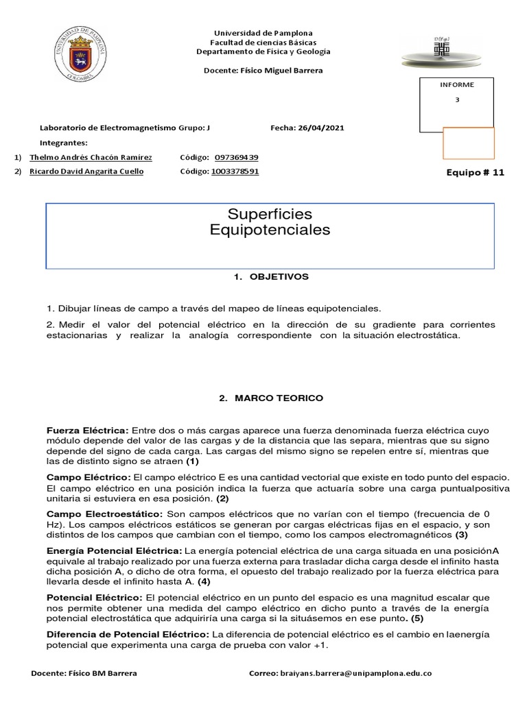 Informe Superficies Equipotenciales Equipo 11 | PDF | Campo eléctrico | Energía potencial