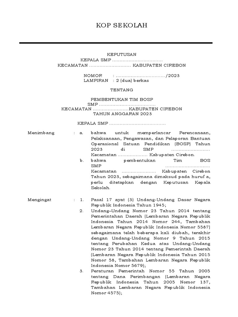Draft SK Tim Manajemen Bos Sekolah 2023 SMP | PDF