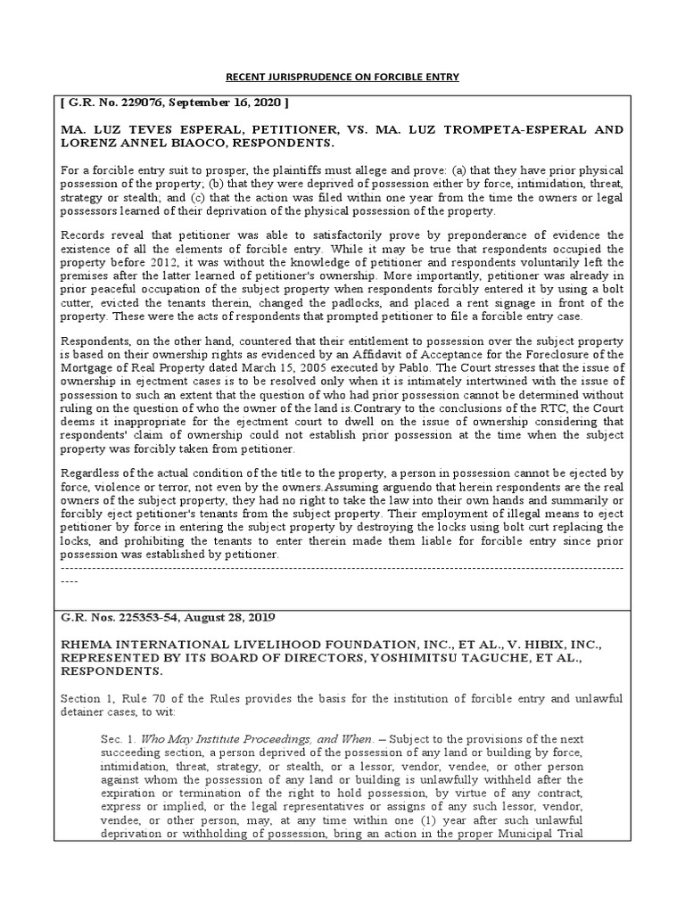 Recent Jurisprudence On Forcible Entry Case Rulings | PDF | Pleading ...