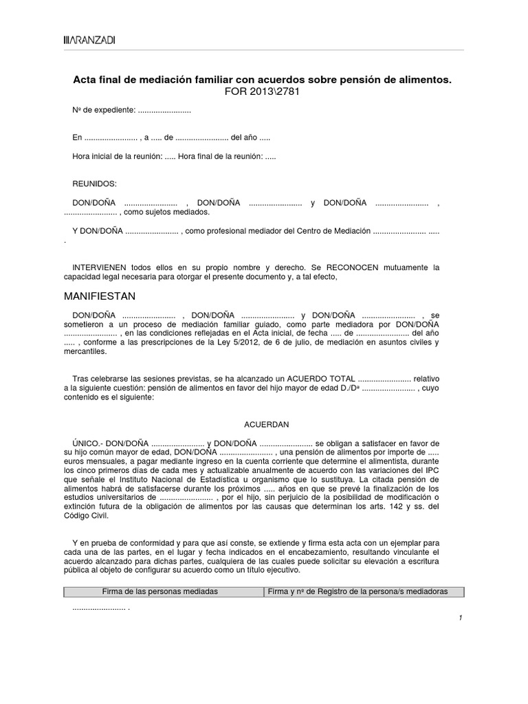 For - Familia, Acta Final de Mediacion Familiar Con Acuerdos Sobre Pension de Alimentos - FOR ...