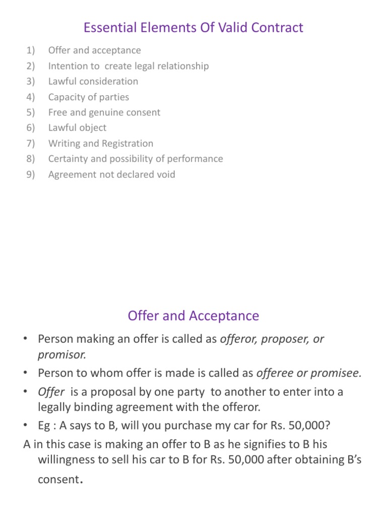 Essential Elements of Valid Contract | PDF | Offer And Acceptance ...