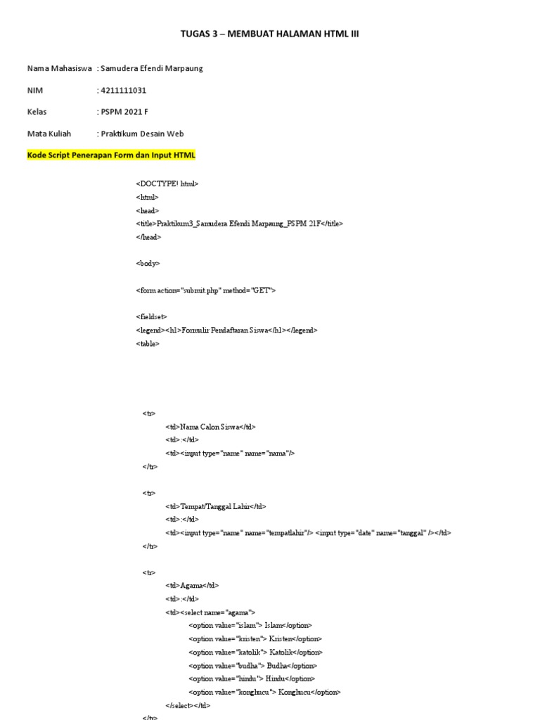 Tugas 3 Membuat Halaman HTML Iii - Samudera Efendi Marpaung - 4211111031 | PDF