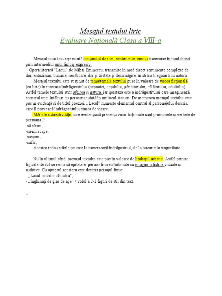 Mesajul Textului Liric | PDF