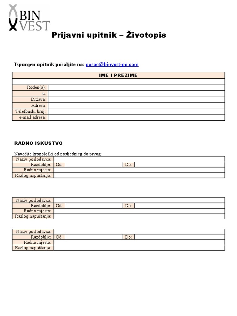 Prijavni Upitnik - Životopis: Ispunjen Upitnik Pošaljite Na | PDF