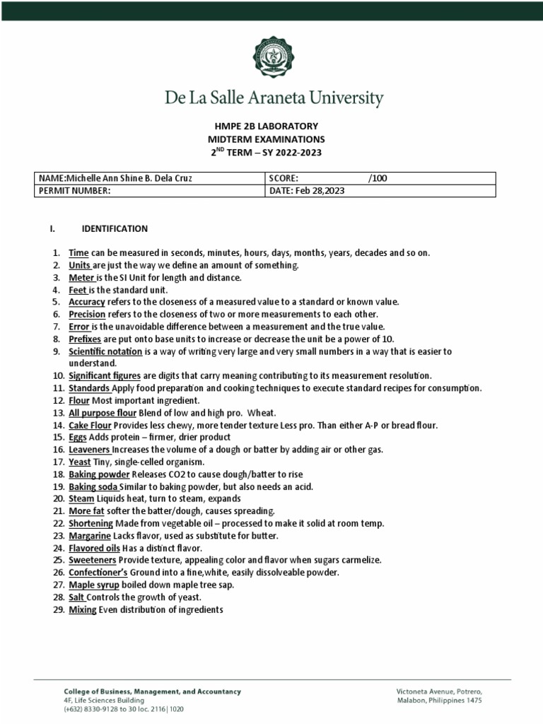 Test Questions Hmpe 2B Lab Midterm Exam | PDF | Breads | Dough