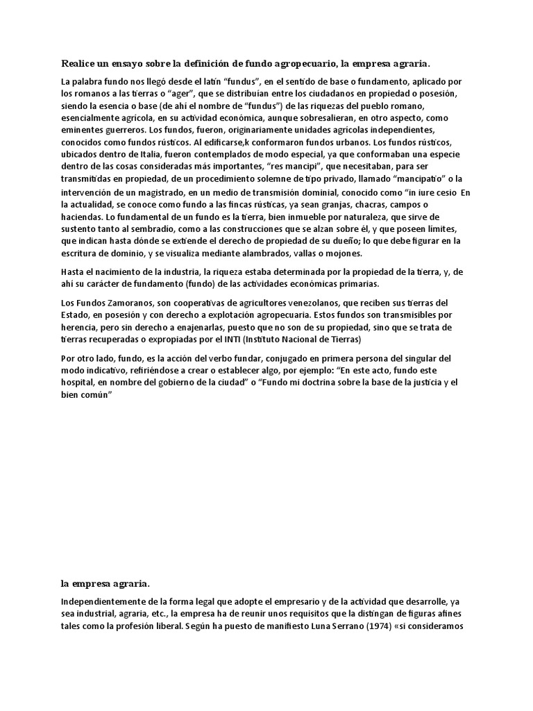 Realice Un Ensayo Sobre La Definición de Fundo Agropecuario, La Empresa ...
