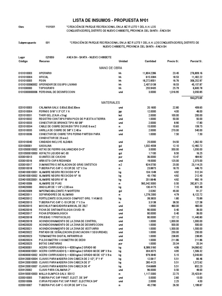 Lista de Insumos - Conquistadores | PDF | Plomería | Materiales