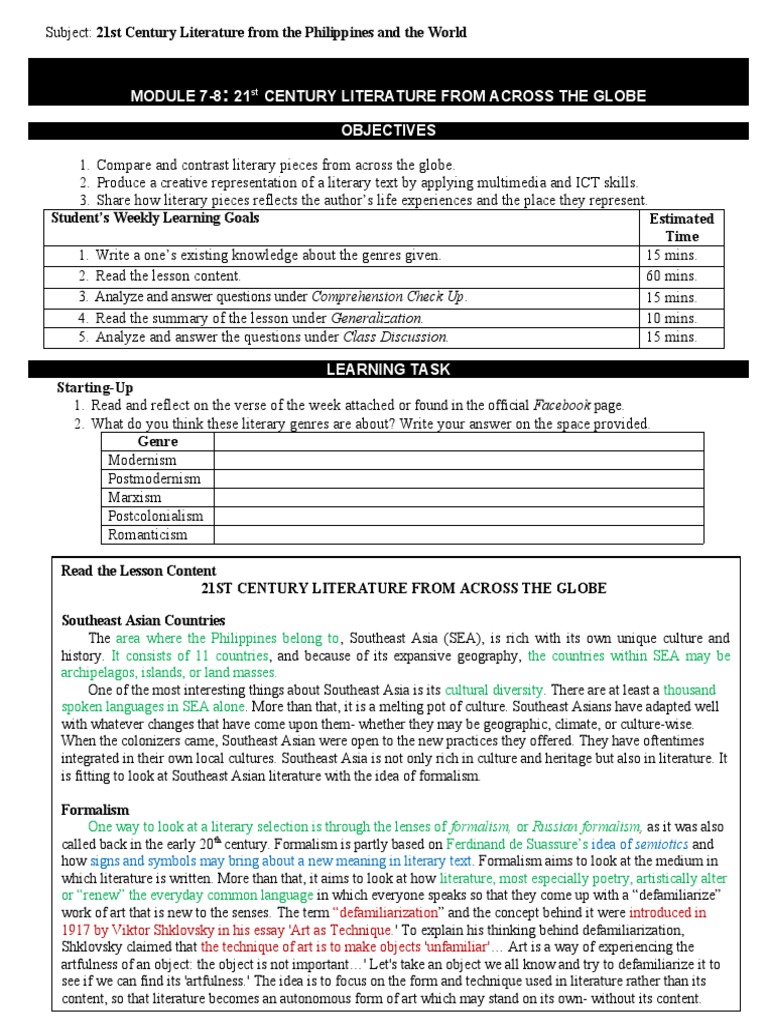 Module 7-8 21 Century Literature From Across The Globe Objectives | PDF ...