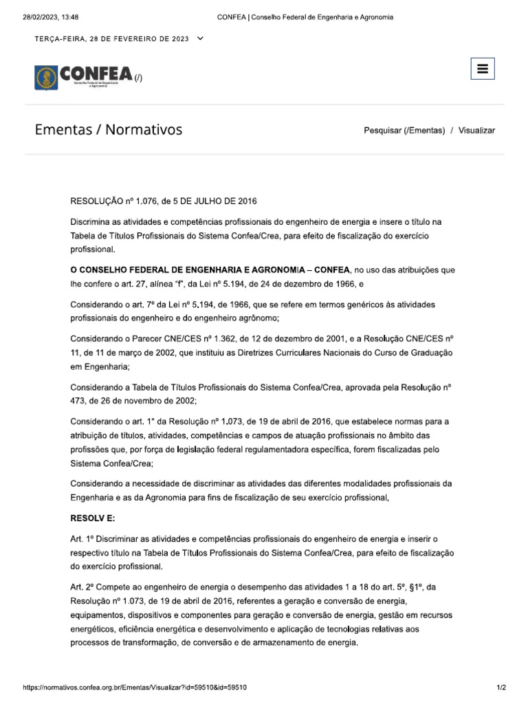 Resolução Confea Engenharia Energia | PDF