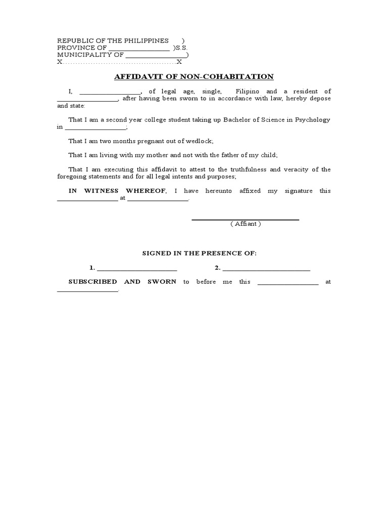 Affidavit of Non Cohabitation | PDF | Social Science | Law