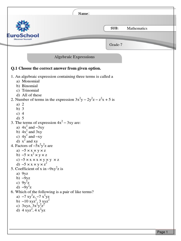 Algebraic Expressions: Q.1 Choose The Correct Answer From Given Option | PDF | Elementary ...