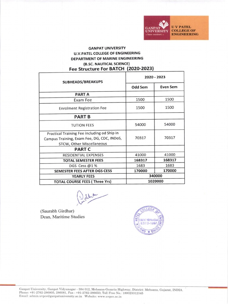 Fee Structure for the Bachelor of Science in Nautical Science Program at U.V. Patel College of ...
