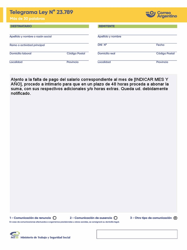 Modelo de Telegrama Intimando El Pago Del Salario Al Empleador | PDF Modelo de Telegrama Intimando El Pago Del Salario Al Empleador | PDF