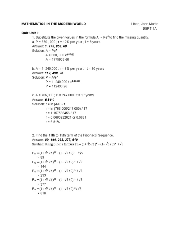 Liban, John Martin Bsrt-1a Mmw-Unit 1 Quiz | PDF | Arithmetic ...