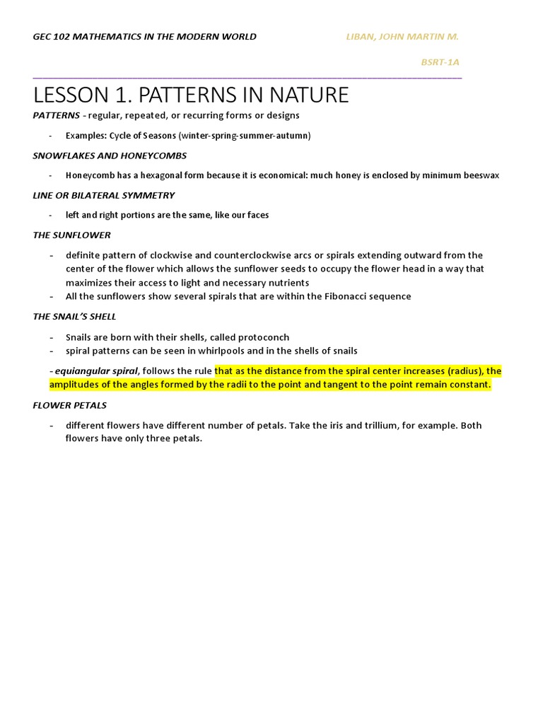 Lesson 1. Patterns in Nature: Gec 102 Mathematics in The Modern World | PDF | Mathematics