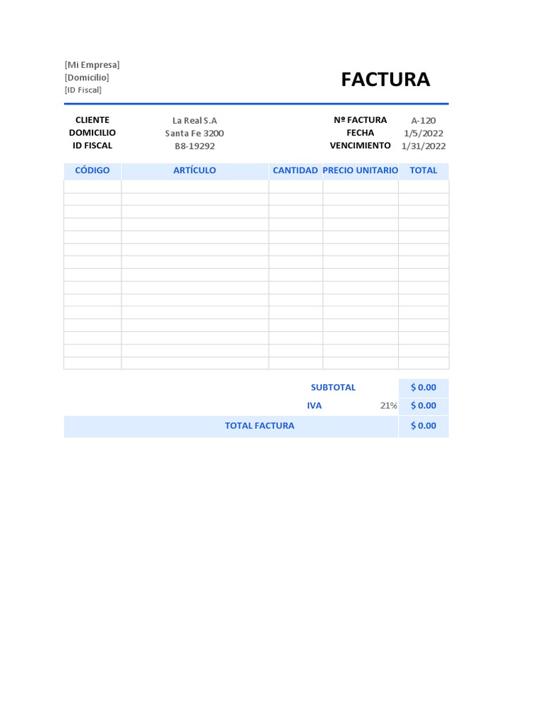 Formato de Factura en Excel | PDF
