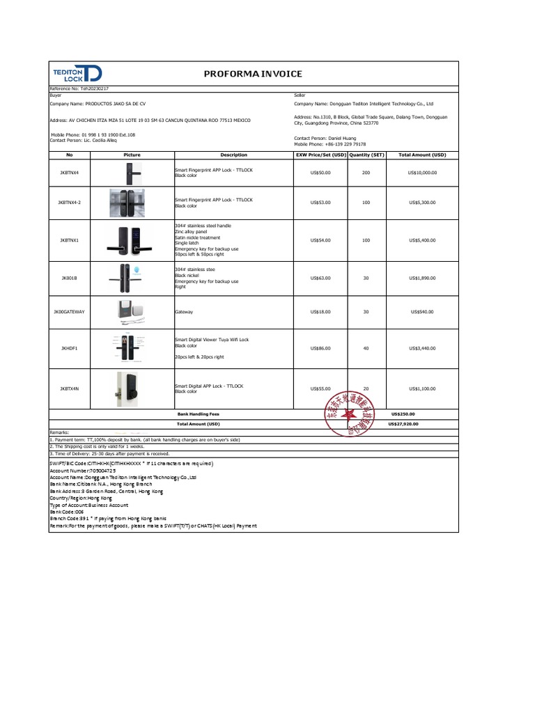 Proforma Invoice: No Picture Description EXW Price/Set (USD) Quantity ...