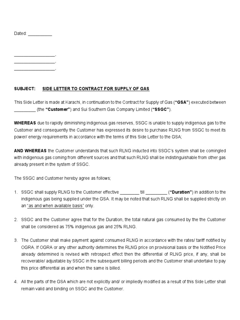 Side Letter To Contract For Supply of Gas | PDF