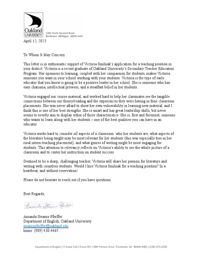 Letter of Rec Victoria Smilnak | PDF