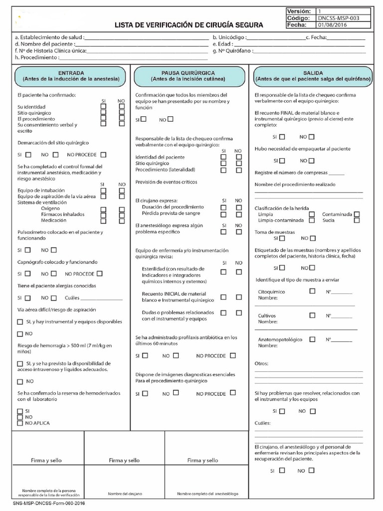DNCSS-MSP-003 Lista de Verificacion de Cirugia Segura | PDF