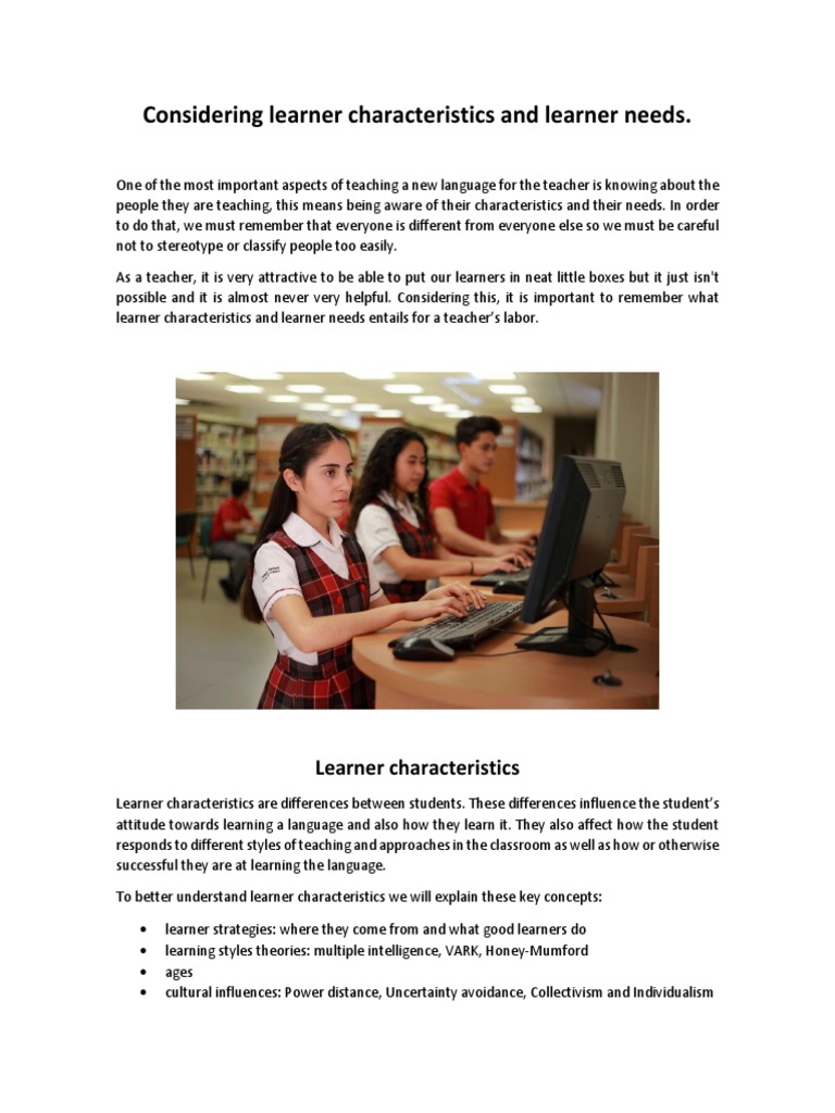 Reference Text 5 - Considering Learner Characteristics and Learner Needs | PDF | Learning ...