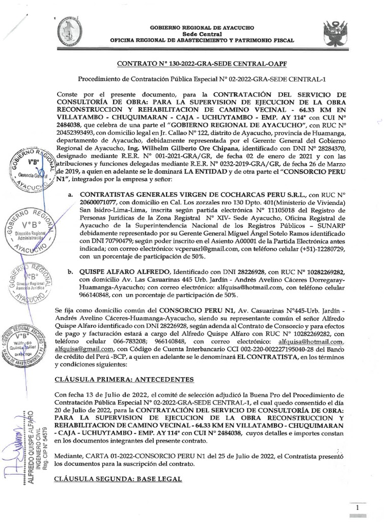 Contrato N°130-2022 Supervision Chuquimaran | PDF