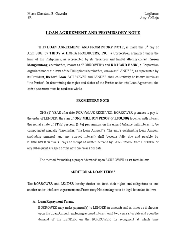 Loan Agreement and Promissory Note: Maria Christina E. Gaviola Legforms ...