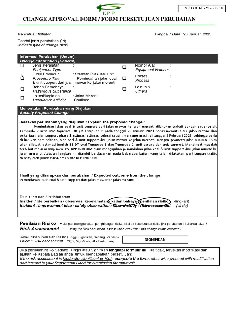 Change Management Form Pemindahan jalan coal dan unit support dari ...