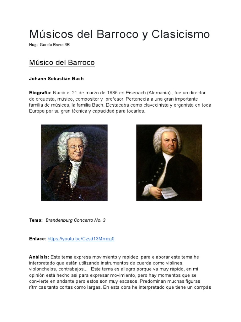 Músicos Del Barroco y Clasicismo - Hugo García Bravo 3B | PDF | Tempo | Johann Sebastian Bach