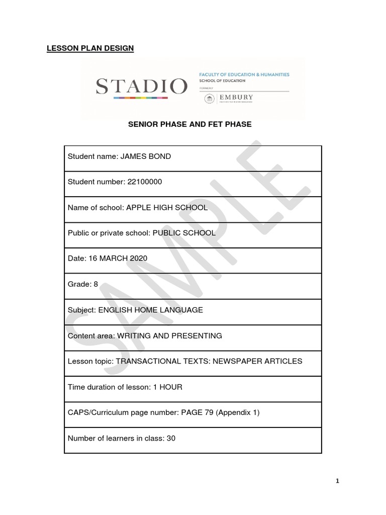 SAMPLE LESSON PLAN 1 - ENGLISH - GNw | PDF | Educational Assessment ...
