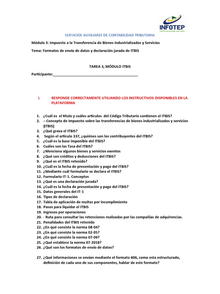 Actividad 3, ITBIS, 606, 607, 608 Módulo 3 ITBIS | PDF | Impuestos