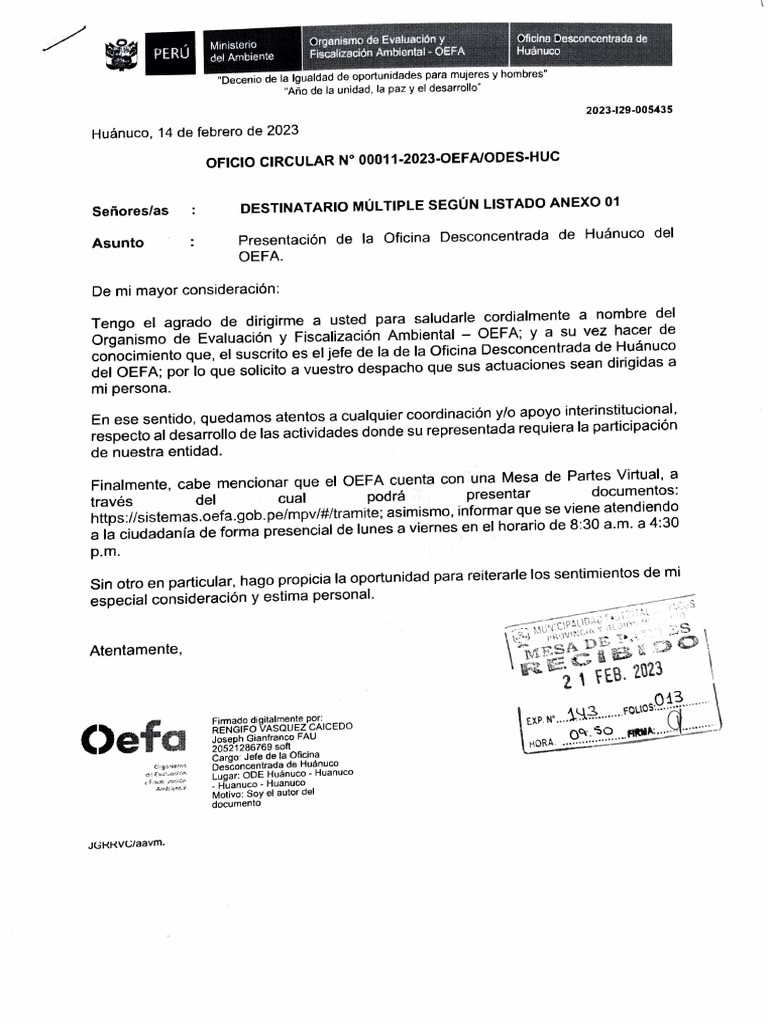 Oficio Circular N°00011-2023-Oefa-Odes-Huc | PDF