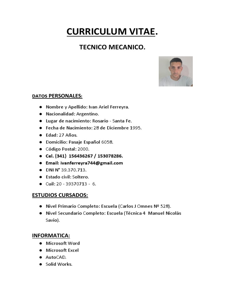 Curriculum Vitae.: Tecnico Mecanico | PDF