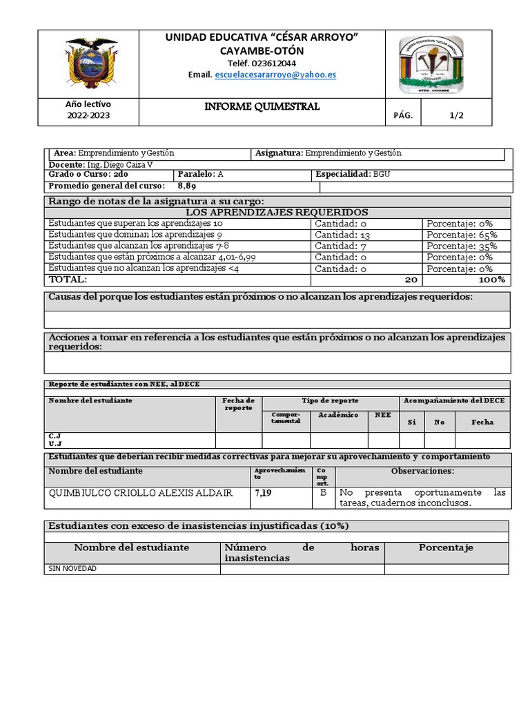 INFORME Q1 - Emprendimiento y Gestión 2DO BGU | PDF